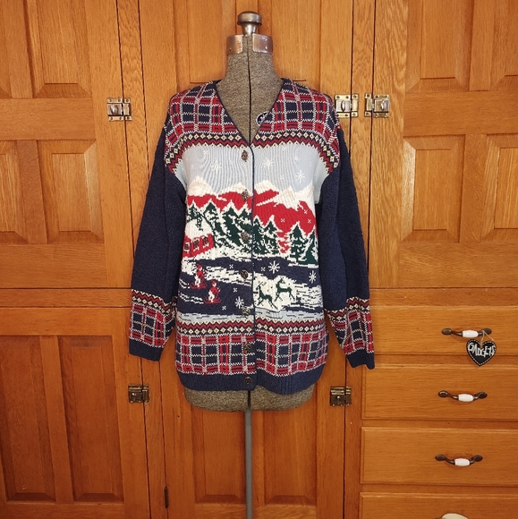 Vintage | Sweaters | Vintage 8s Winter Ski Scene Button Down Chunky ...